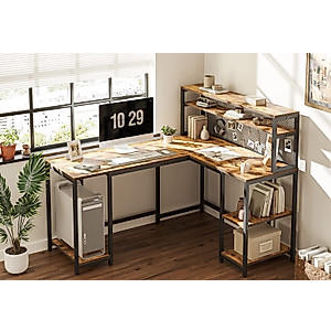 CubiCubi L Shaped Computer Desk with Hutch & Iron Mesh, 59 inch Large Home Office Desk with Storage Shelves, Study Table Writing Desk Workstation, Brown
