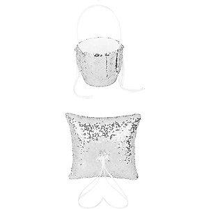 koTTIYA 2pcs Wedding Flower Girl Basket Ring Pillow Set Flower Basket and Ring Pillow for Party Decor Bridal Accessories - Silver