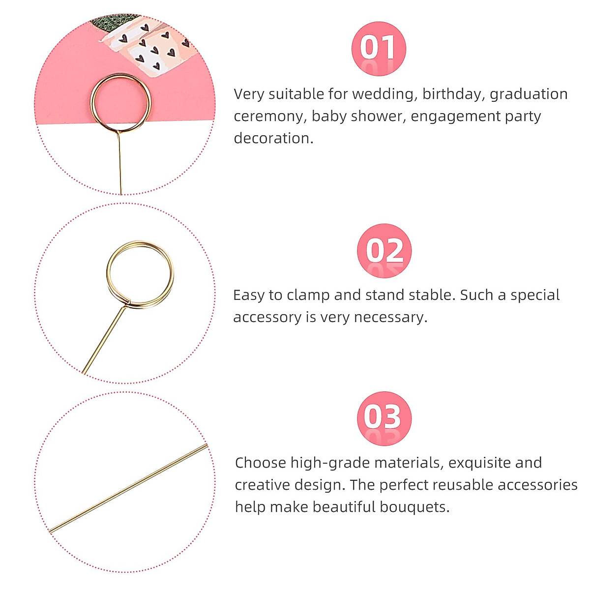 VOSAREA 50pcs Metal Floral Place Card Holder Round Shaped Memo Photo Holder Flower Picks Clip for Wedding Birthday Baby Shower (Round Shape)