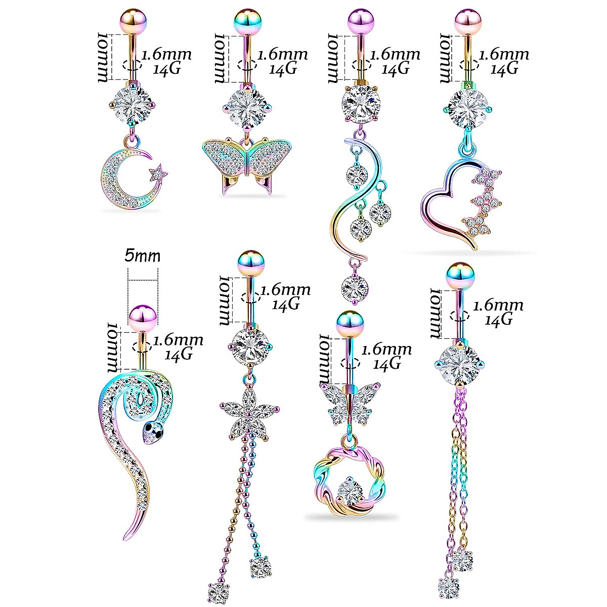 Vsnnsns 14G Belly Button Rings Belly Rings for Women Stainless Steel Butterfly Belly Piercing Jewelry Surgical Steel Dangle Belly Button Rings Curved Navel Ring Barbell Body Jewelry Piercing Rainbow