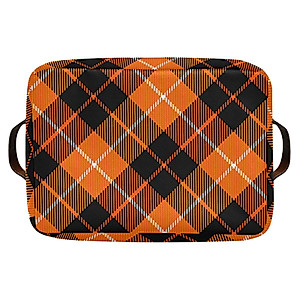 NFMILI Orange Black Plaid Storage Basket, Fabric Storage Cubes Bins, Open Home Storage Bins with Handle 14.2 x 10.2 x 8.3 in