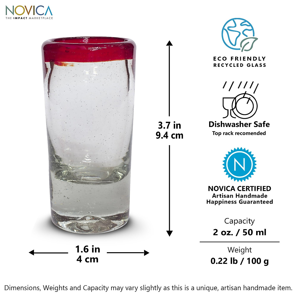 NOVICA Hand Blown Red Clear Recycled Glass Shot Glasses, 2 Oz 'Ruby Shot' (Set Of 6),3.7" H x 1.6" Diam.