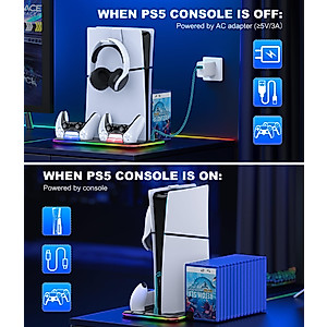PS5/PS5 Slim Stand and Cooling Station with Controller Charging Station for Playsation 5, PS5 Accessories Kit Incl. 3 Levels Cooling Fan, LED, 15 Game Slot, Headset Holder for PS5 Digital/Disc Console