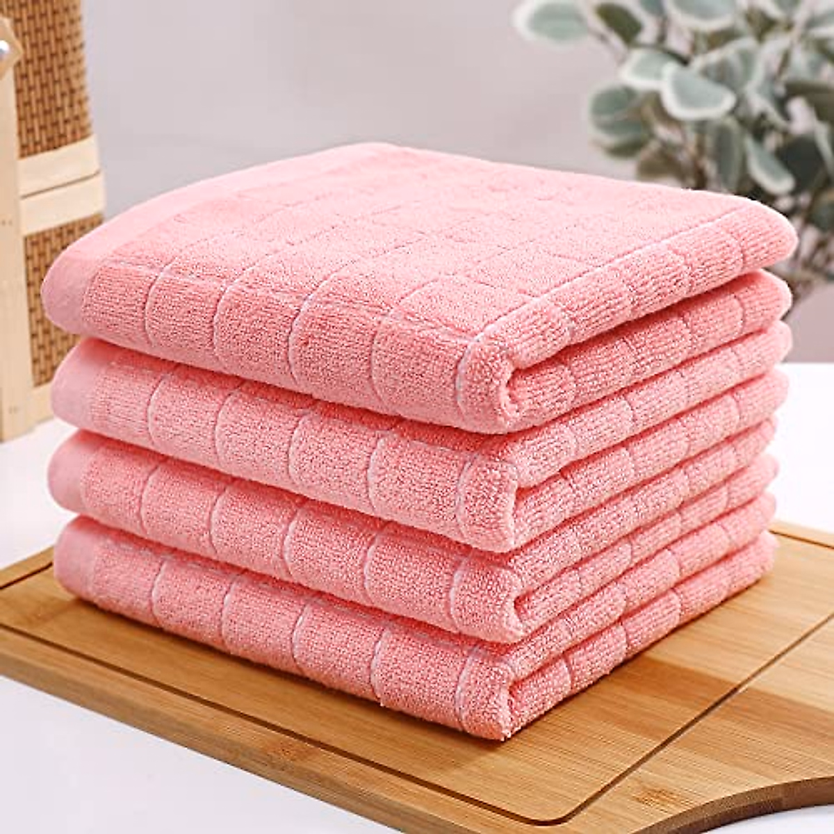 Homaxy 100% Cotton Terry Kitchen Towels(Pink, 13 x 28 inches), Checkered Designed, Soft and Super Absorbent Dish Towels, 4 Pack
