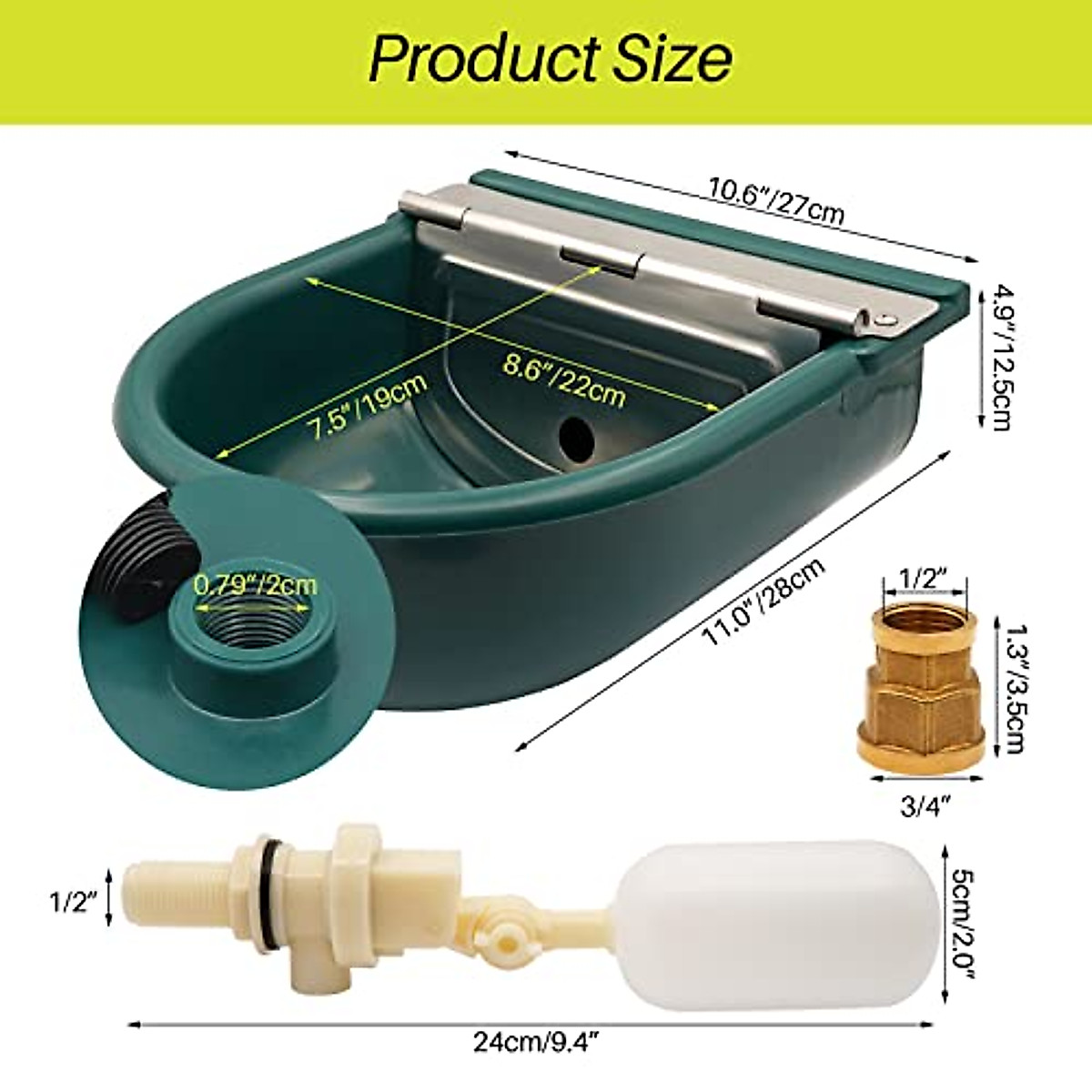 Junniu Automatic Livestock Waterer Water Bowl Trough Kits for Goat horse Dog Pig Cattle Farm Supplies, with 2PCS Float Valve, Brass Connector, Stainless Steel Cover, Hole at the Bottom, Green