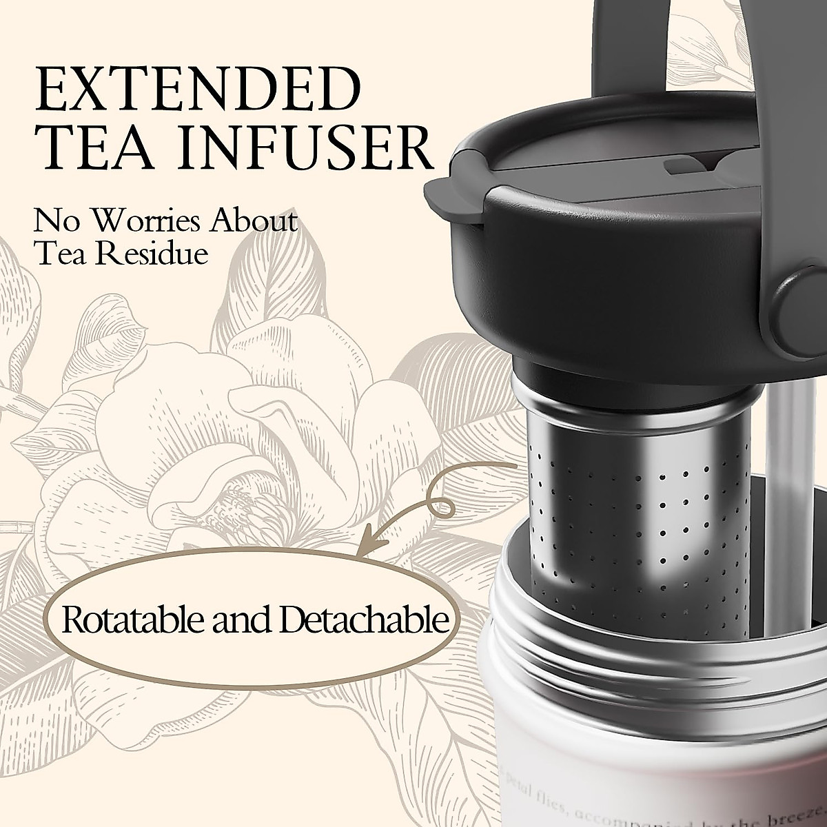 GOOM Graffiti 20oz Tumbler with Lid and Straw,Spill Proof Tumbler with Flip Straw and Top Handle,Tea Infuser,6-Layer Insulation 18/10 Stainless Steel,Cold for 24 Hours,Hot for 12 Hours - Floral White