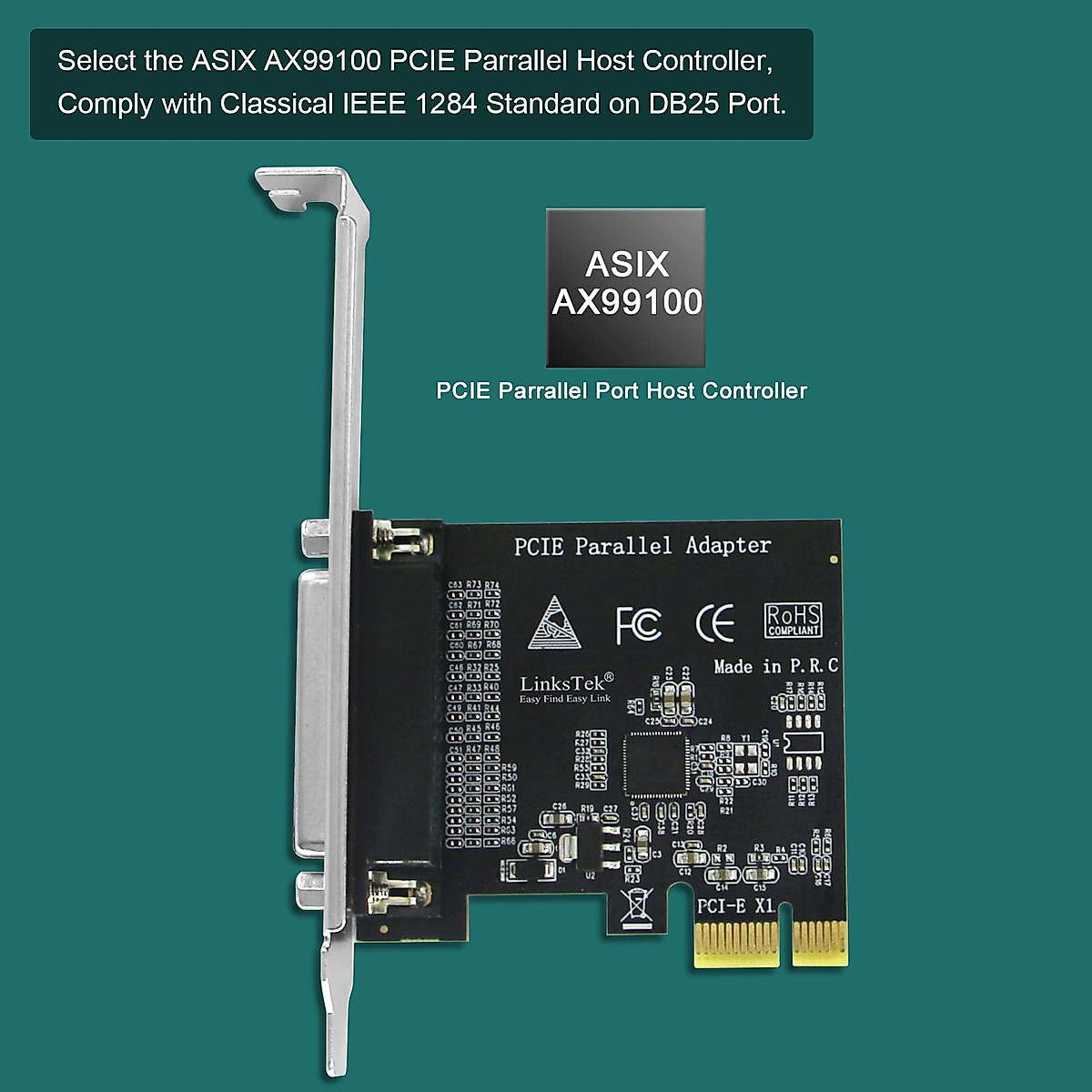 LinksTek 1-Port PCI Express Parallel Card for Printers, IEEE 1284 Standard DB25 LPT PCIE Parallel Port, Supports IEEE 1284 SPP, Nibble, Byte and ECP Mode, PCIE DB25 Parallel Port Card (PCIE-PA1)
