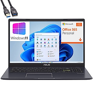 ASUS L510 15.6" FHD Ultra Thin Laptop Computer, Intel Celeron N4020 Processor, 4GB DDR4 RAM, 64GB eMMC, 802.11AC WiFi, Bluetooth, Type-C, 1 Year Office 365, Black, Windows 11 S, BROAG Extension Cable