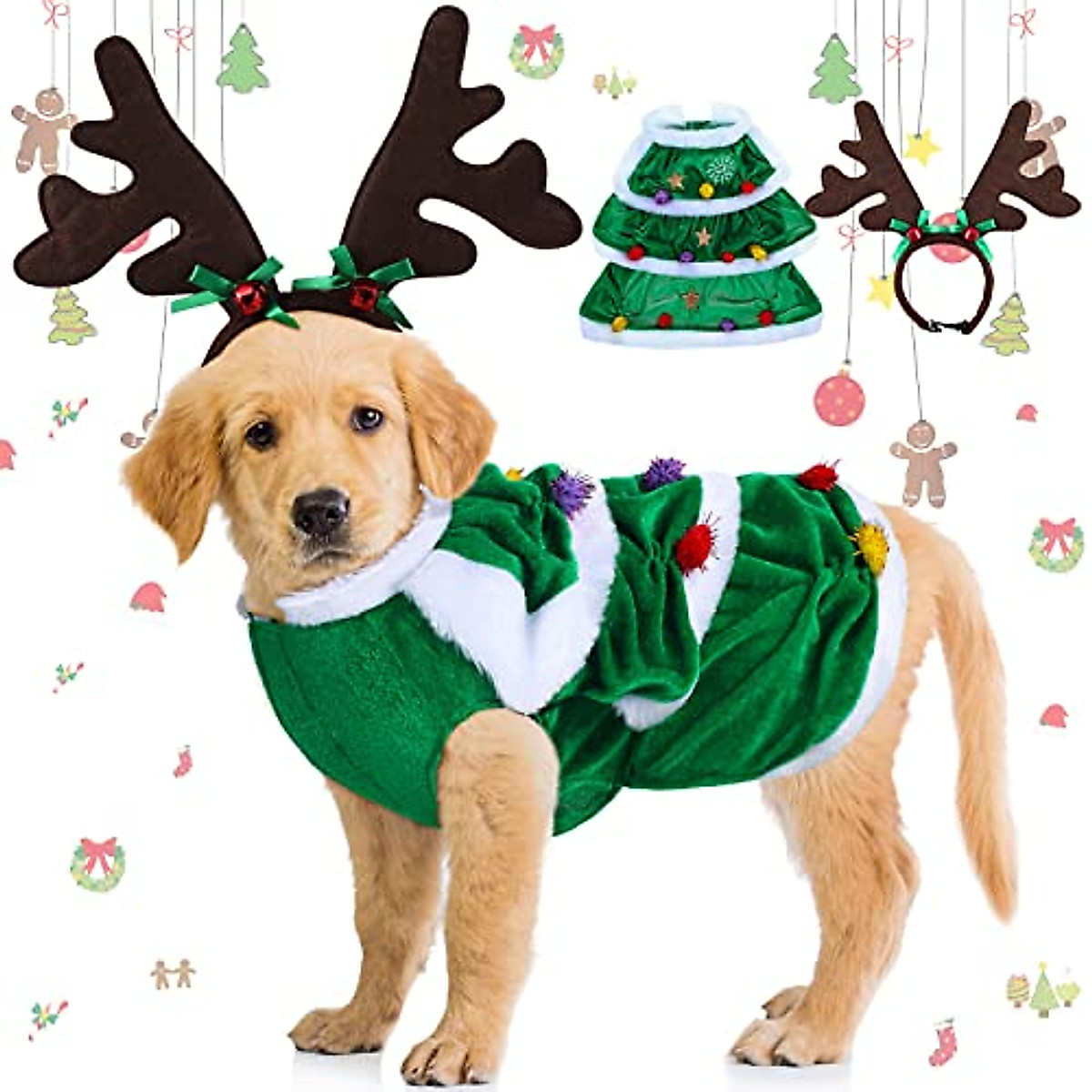 2 Pieces Christmas Dog Costume Outfit Reindeer Dog Costume with Green Xmas Tree Clothes and Elk Reindeer Antler Headband, Warm Winter Puppy Coat Deer Headwear for Christmas Pet Party (Medium)