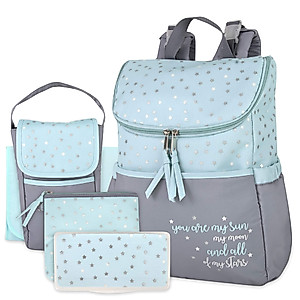 Baby Essentials Diaper Bag Backpack 5 Piece Set with Sun, Moon, and Stars, Wipes Pocket, Stroller Straps, Dirty Diaper Pouch, Changing Pad (Grey/Blue Backpack)