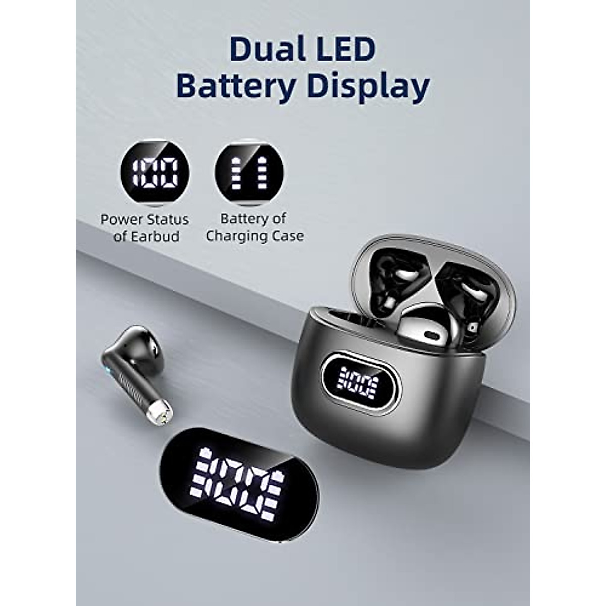 Wasart Wireless Earbud, Bluetooth 5.3 Headphones with 4 ENC Mics, 32H Bluetooth Earphones with Dual LED Display, Wireless Headphones in Ear IP7 Waterproof Bass, Ear Buds Noise Cancelling, USB-C, Black