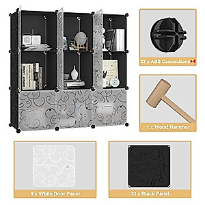 BASTUO Cube Storage Organizer, 9 DIY Plastic Closet Organizer Cabinet, Modular Bookcase Storage Shelves, Cube Organizer with Doors for Office, Livingroom, Black