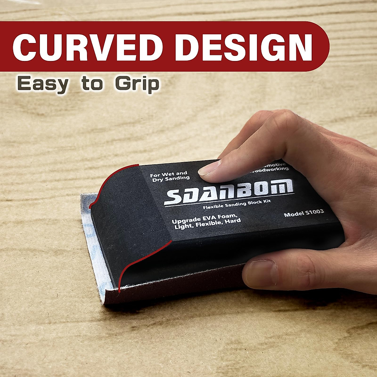 Sdanbom Sanding Block Kit 7PC with TearBlock and Sandpaper - Wet or Dry Auto Body Sanding Blocks for Woodworking Automotive Car Bodywork, Light, Flexible, Hard, Black