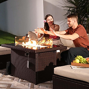 NICESOUL Wicker Outdoor Fire Pit Table Natural Gas/Propane, 43'' Rectangular Firepit Table for Outside, 55000 BTU Patio Fireplace Tables with Windguard&Glass Rocks&Cover, Modern CSA Firepits, Brown