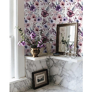 HAOKHOME 93349 Floral Peel and Stick Wallpaper Removable Wall Paper Mauve/Purple/White Vinyl Stick on Wall Contact Paper 17.7in x 9.8ft