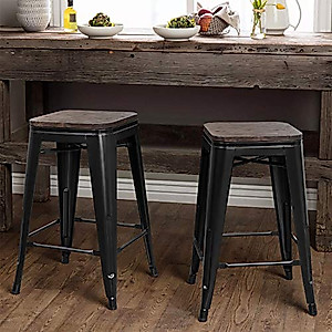 JUMMICO Metal Bar Stools Indoor Outdoor Stackable Modern 24 Inches Metal Counter Height Industrial Barstools with Wooden Seat Set of 4 (Black)