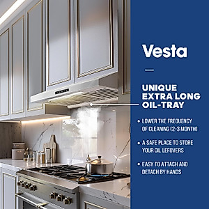 Vesta Arlington 850 CFM Powerful 30 Inch Under Cabinet Range Hood With Premium Stainless Steel Body, Twin Turbo Motors, 3 Speed Touch Screen, Delay Shutoff, Round Vent, LED Lights, Long Oil Collector