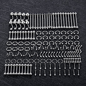 Oveta 150PCS Body Piercing Jewelry Lot 14G 16G 20G Stainless Steel Nose Lip Tongue Cartilage Tragus Eyebrow Industrial Barbell Belly Button Rings Piercing Kit Jewelry (Silver)