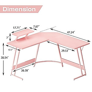 Homall L Shaped Gaming Desk Computer Corner Desk PC Gaming Desk Table with Large Monitor Riser Stand for Home Office Sturdy Writing Workstation (Pink, 47 Inch)