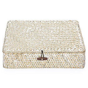 Hipiwe Seagrass Storage Bins with Lid Large Wicker Basket Box for Shelf Organizing Flat Woven Shelf Basket Bin Home Decorative Baskets for Closet Bedroom, Whitewash
