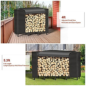 5.3Ft Outdoor Firewood Rack with Cover Wood Log Racks Holders for Fireplace Adjustable Metal Wood Storage Rack Stand Stackers for Fire Wood, Patio, Porches, Waterproof Oxford Fabric Cover, Black