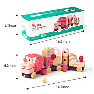 Toddler Montessori Toy, Wooden Block Train Set Stackable Building Blocks Toy Shape Sorter Toy Pink Lion Pull Toy for Baby Girl Ages 2 4 3 Years Birthday Gift Early Learning Educational Toy