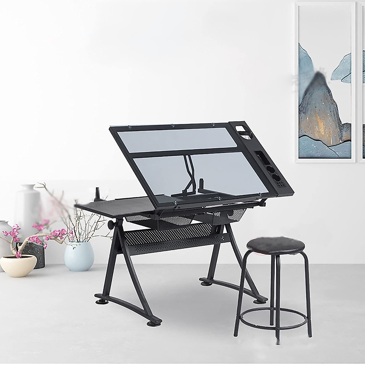 VejiA Painting Table American Children Adult Liftable Glass Drawing Table Art Work Table Drafting Tables for Art