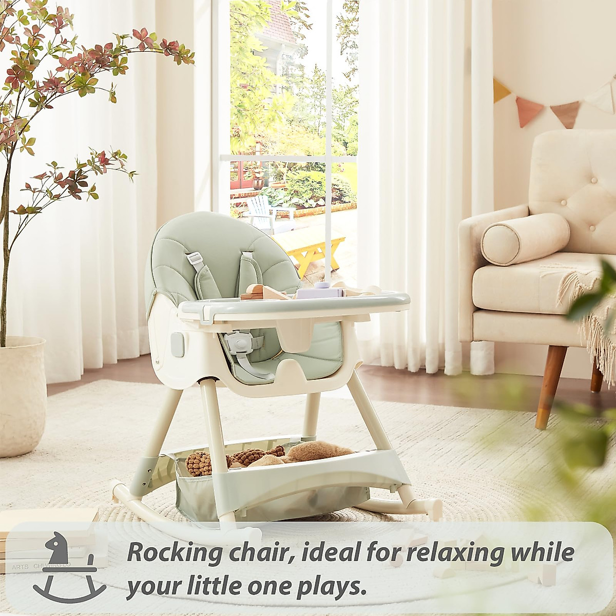 High Chair 4 in 1, High Chairs for Babies and Toddlers, Convertible High Chair with Removable Plastic Tray, 360° Lockable Wheels, Adjustable Backrest & Safety Harness(Green)