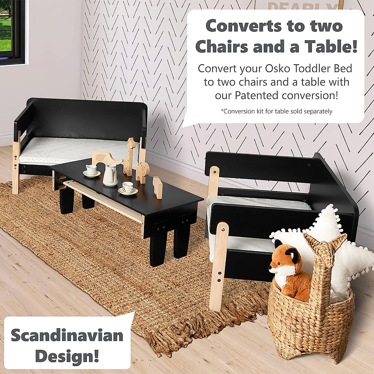 Dream On Me JPMA & Greenguard Gold Certified Osko Convertible Toddler Bed Made with Sustainable New Zealand Pinewood in Black, Non-Toxic Finish