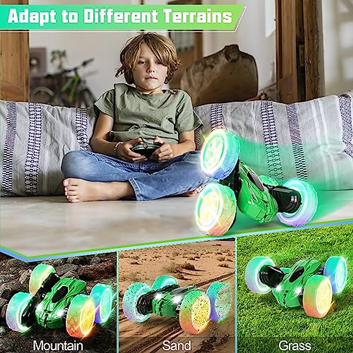 28℃ Remote Control Car, RC Cars Stunt Car Toy, 4WD 2.4Ghz Double Sided 360° Rotating RC Stunt Car with Headlights Wheel Lights, RC Cars Toys Gift for Kids Boys Girls on Birthday Christmas (Green)