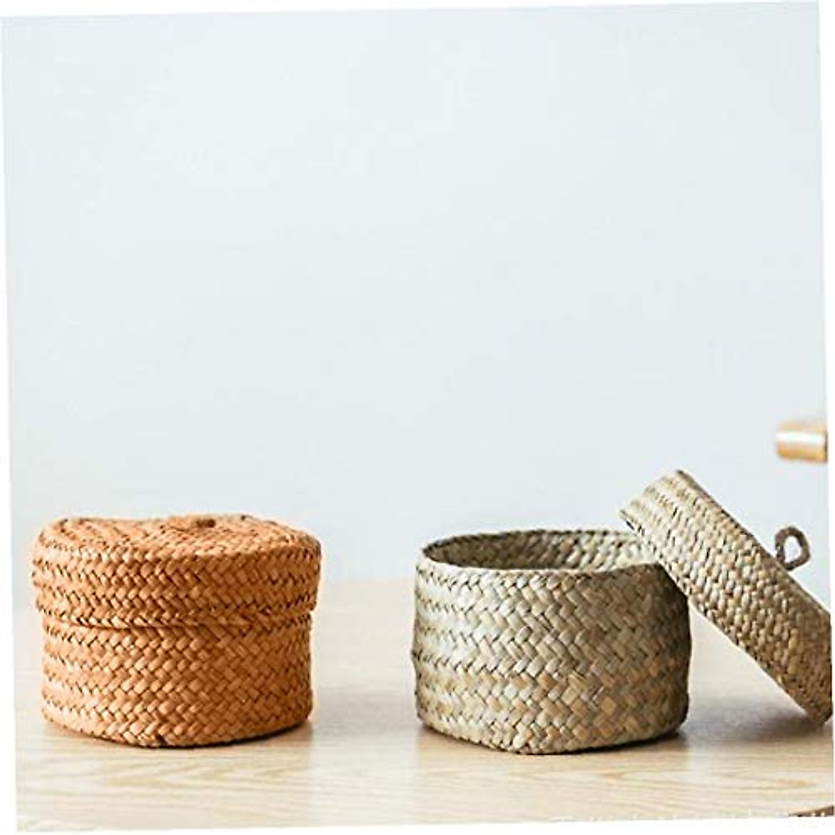 tJexePYK Mini Wicker Storage Baskets with Lid Natural Round Desktop Storage Basket Japanese Style Small Spun Wicker Basket Box