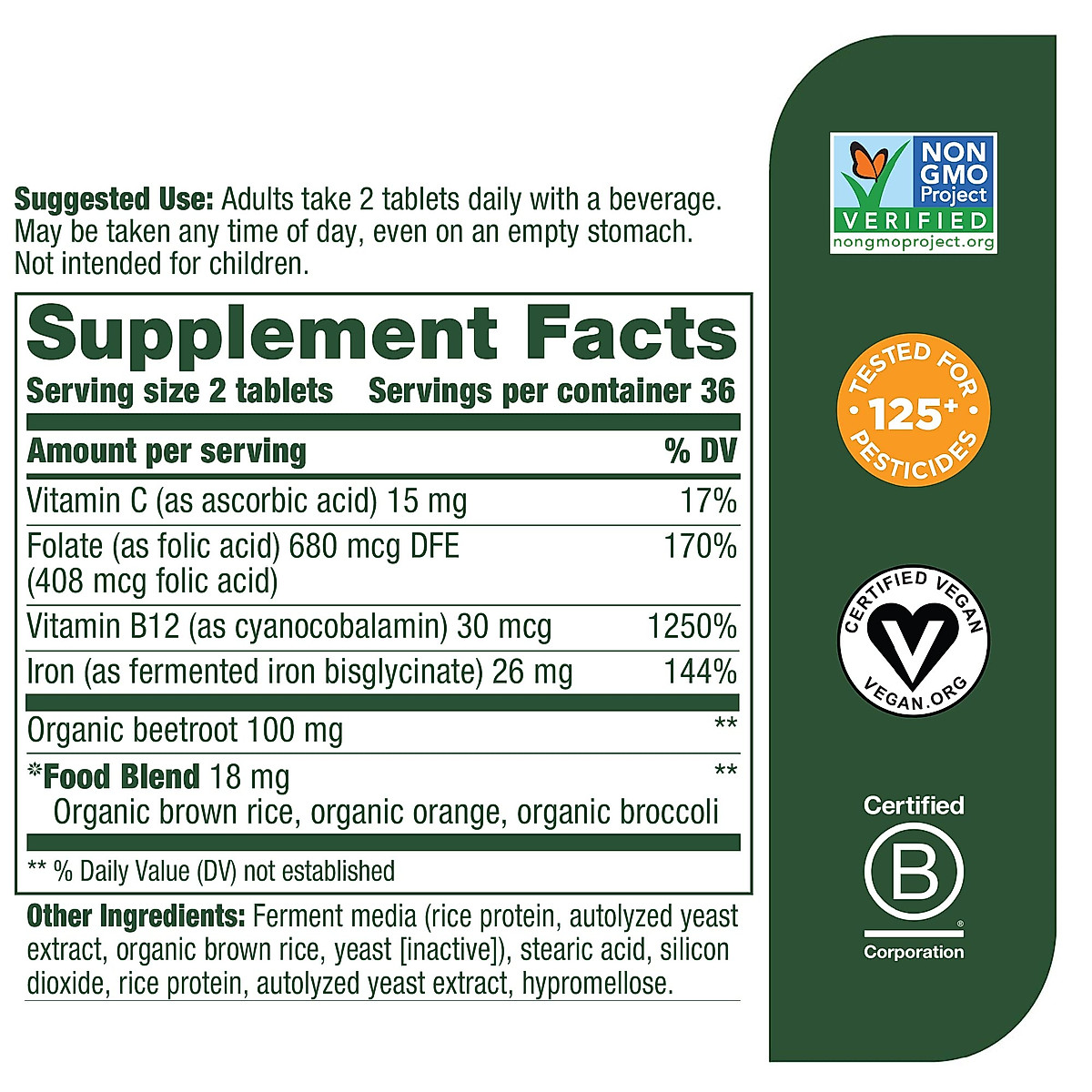 MegaFood Blood Builder Minis - Iron Supplement Clinically Shown to Increase Iron Levels Without Side Effects - Iron with Vitamin C, Vitamin B12 & Folic Acid - Vegan - 72 Tablets (36 Servings)