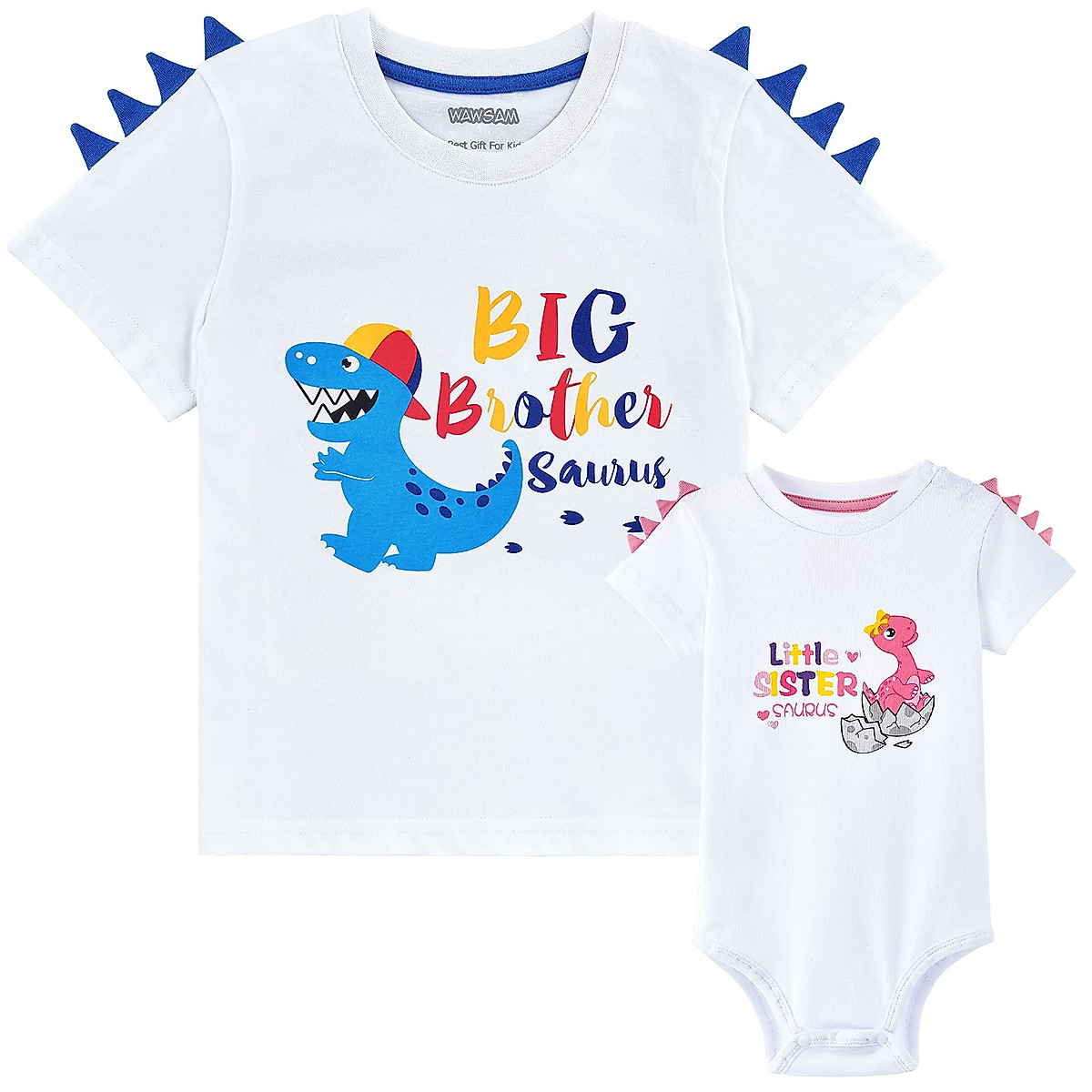 WAWSAM Big Brother Little Sister Matching Outfits Dinosaur Sibling Shirts Set Gift, White, 3T(Kid)/0-3M(Baby NB)