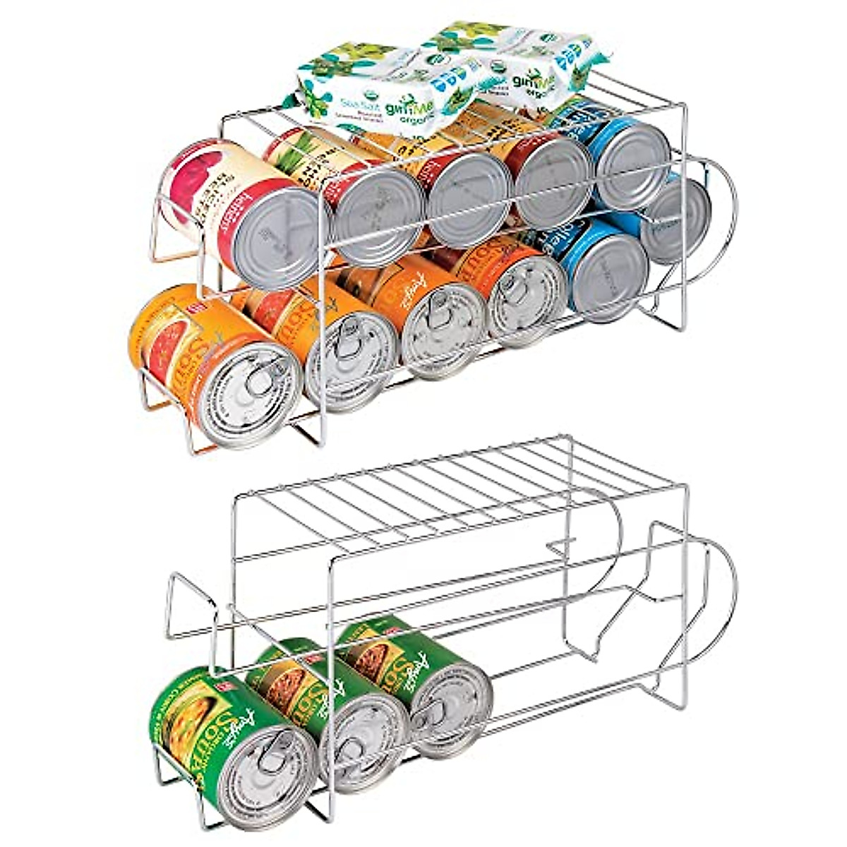 mDesign 2-Tier Metal Wire Standing Pop/Soda and Food Can Dispenser Storage Rack Organizer with Top Shelf for Kitchen Pantry, Countertop, Cabinet - Holds 12 Cans - 2 Pack - Chrome