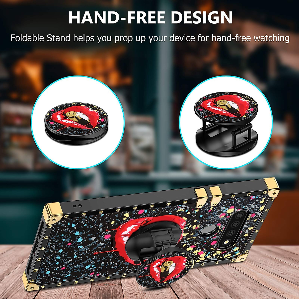 JAKPAK Case for LG Stylo 6 Case with Kickstand for Girls Women Soft TPU Luxury Stylo 6 Case with Strap Shockproof Protective Heavy Duty Metal Cushion Reinforced Corner Case for LG Stylo 6 Lip Black