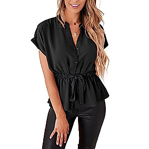 Womens Button Down Blouses Casual Peplum Summer Tops Dressy Chiffon Work Blouse Black