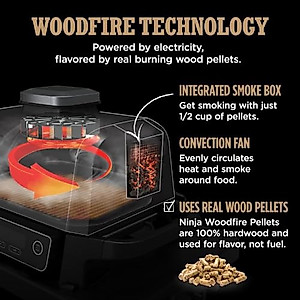 Ninja OG701 Woodfire Outdoor Grill & Smoker, 7-in-1 Master Grill, BBQ Smoker, Air Fryer plus Bake, Roast, Dehydrate, & Broil, uses Woodfire Pellets(1 Pack Included), Portable, Electric, Red (Renewed)