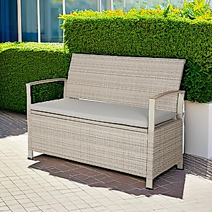 Grand patio Outdoor Storage Bench Deck Box with Olefin Cushion, Wicker Deck Box with Water Resistant Bag, Outdoor Seating for Front Porch, Store Garden Tools and Pool Storage (Warm Gray)