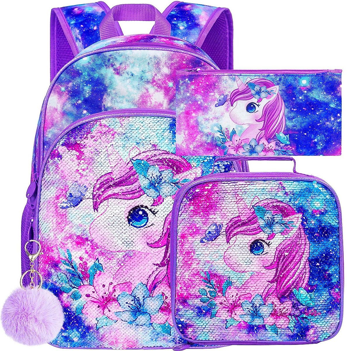 UFNDC 3PCS Girls Backpack with Lunch Box, 16”Sequin Unicorn Bookbag for Kids, School Bag for Elementary Toddler - Purple