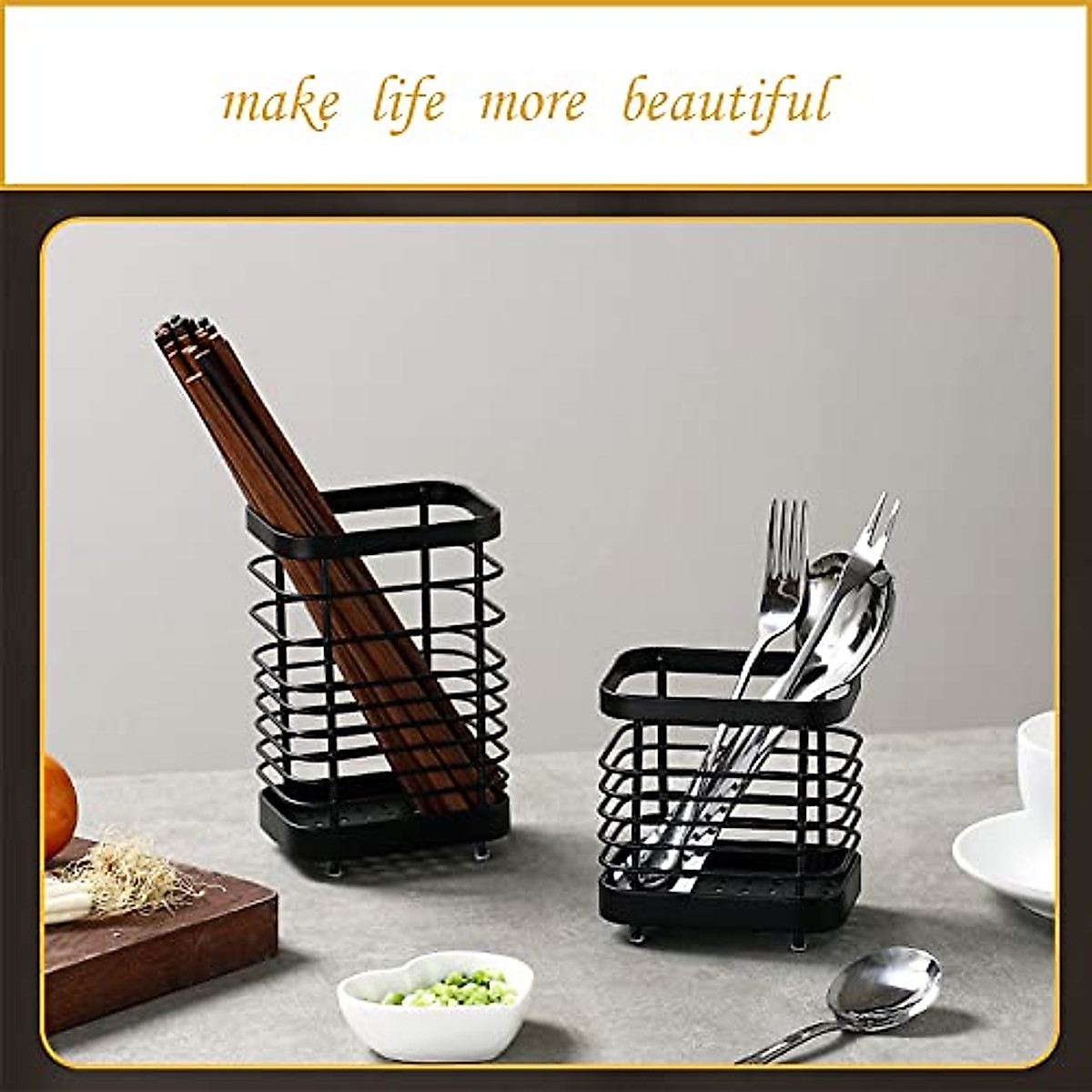 Oidium Stainless Steel Utensil Holder,Utensil Crock Countertop Organizer 6x4x3 In,Black Utensil Holder,Metal Steel Square Utensil Flatware Storage for Countertop (Large)