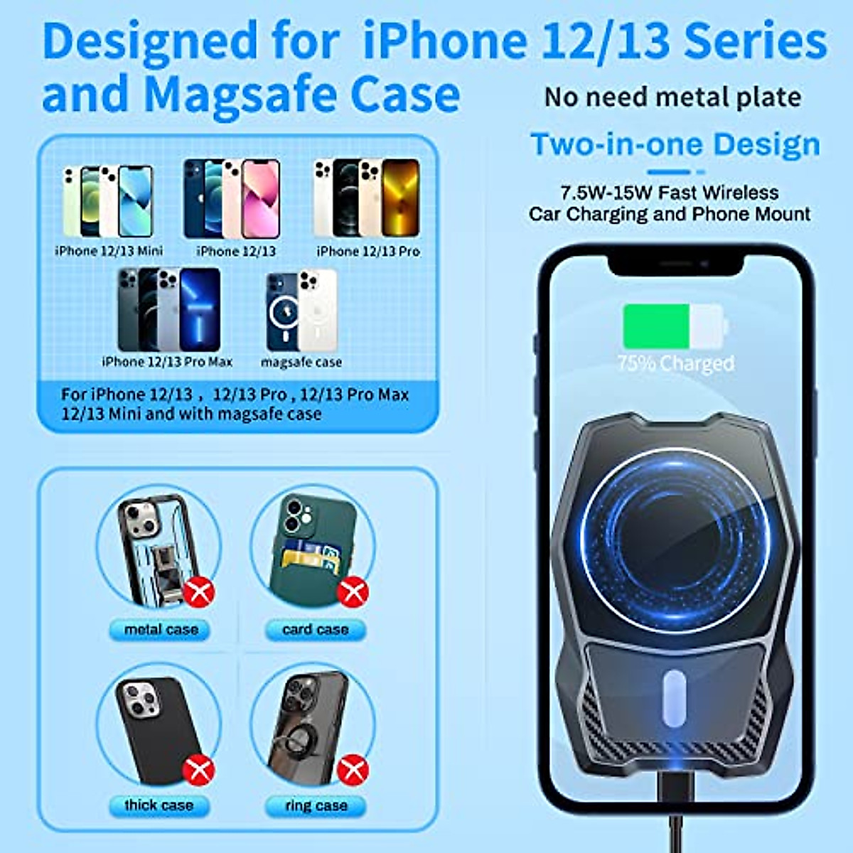 Magnetic Wireless Car Charger Mount, Auto-Alignment Dashboard Windshield Car Wireless Charger Holder Compatible with iPhone 13/12/Mini/Pro/Pro Max/MagSafe Case, 15W Fast Charging with QC3.0 Adapter