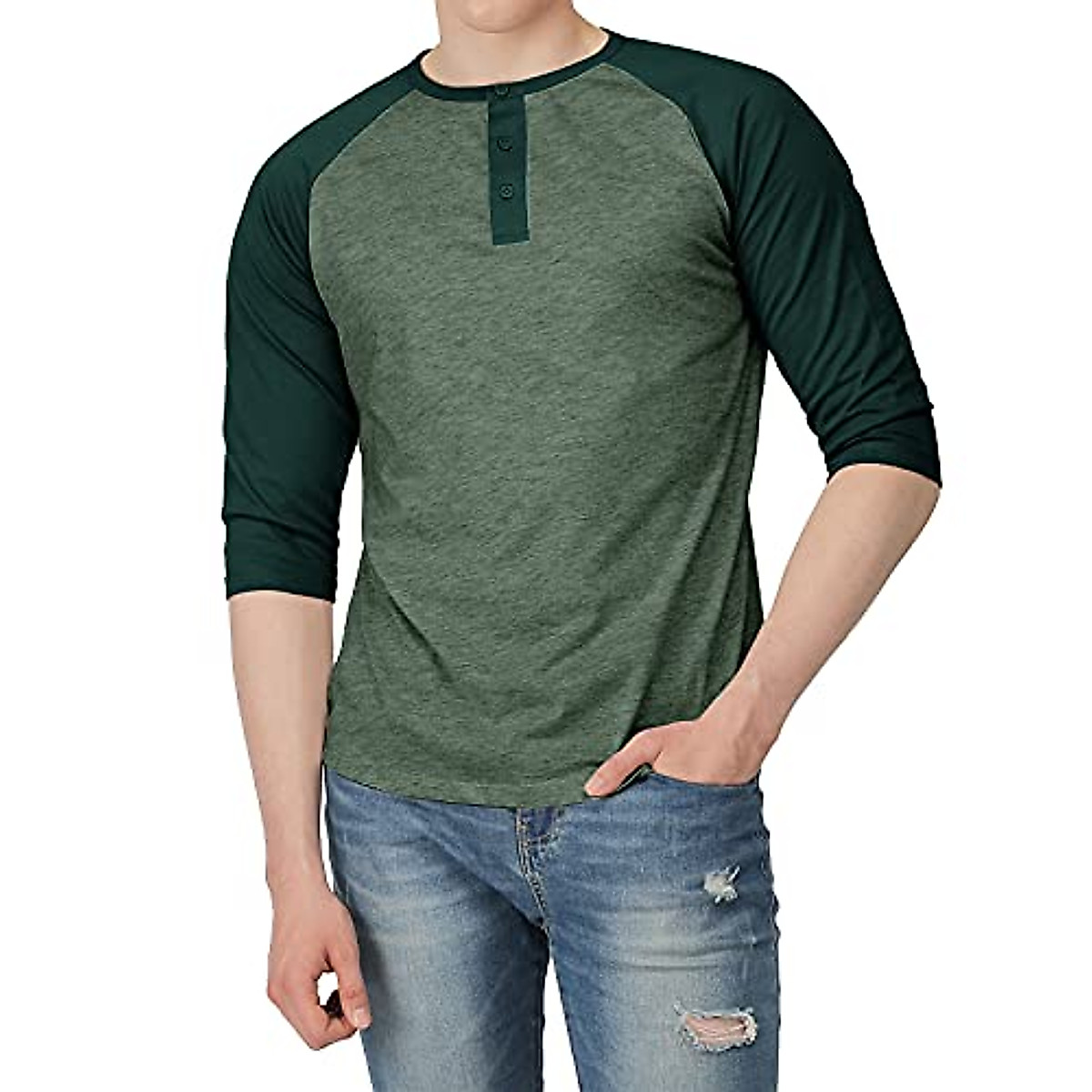 H2H Mens Casual Slim Fit Raglan Baseball Three-Quarter Sleeve Henley T-Shirts HEATHERGREEN US M/Asia L (CMTTS0229)