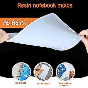 3Pcs Notebook Cover Resin Casting Molds for A5 A6 A7, LEOBRO Notebook Cover Silicone Molds, Resin Notebook Molds, Silicone Resin Molds for Notebook Epoxy Resin DIY, with Book Rings, Tweezers, Spoons