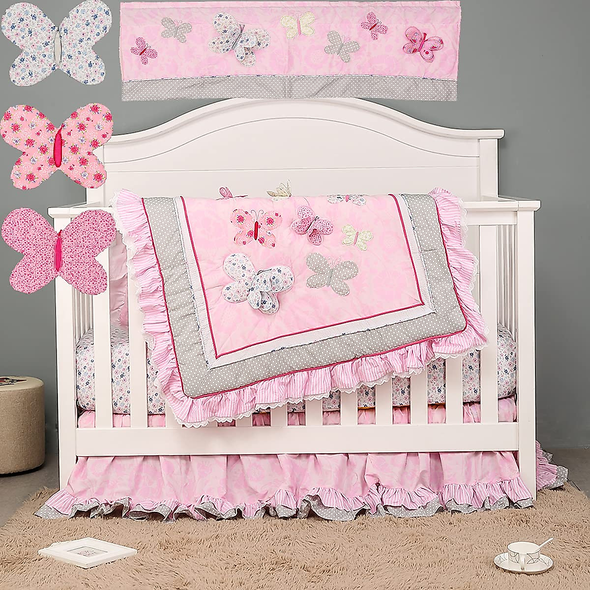 7 PCs Pink Embroidery Butterfly Nursery Crib Bedding Set 100% Cotton Baby Girl 3D Butterfly Themed Cot Bedding Set 1 Quilt, 1 Skirt, 1 Fitted Sheet, 1 Window Valance, 3 Butterfly Shaped Wall Decor