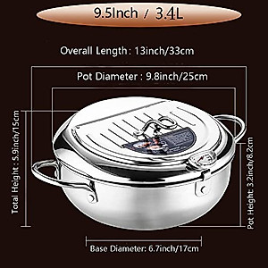 Deep Fryer Pot, 3.4L Tempura Deep Frying Pot 304 Stainless Steel with Temperature Control and Oil Filter Rack for French Fries and Chicken(9.5inch）