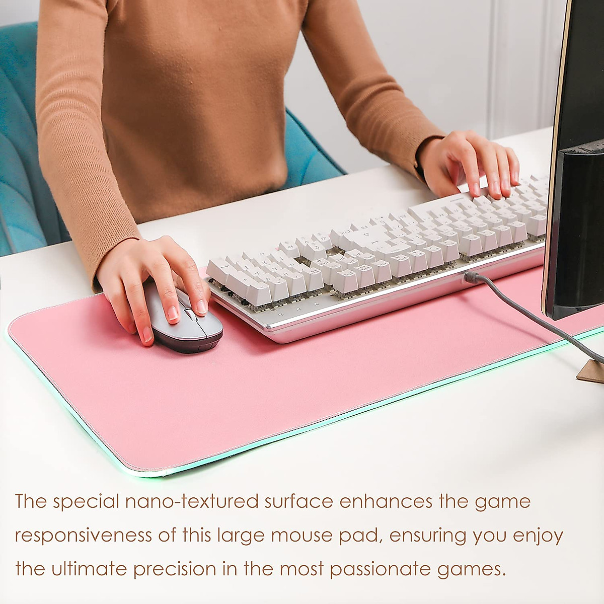 Pink RGB LED Gaming Mouse Pad, 14 Modes Glow Pad, Extra Large Gaming Mousepad，Waterproof Rubber Non Slip Cute Mat, Extended Big Keyboard and Mouse Pad Mat for Gamer, 31.5x12 x 0.16 Inch - Pink