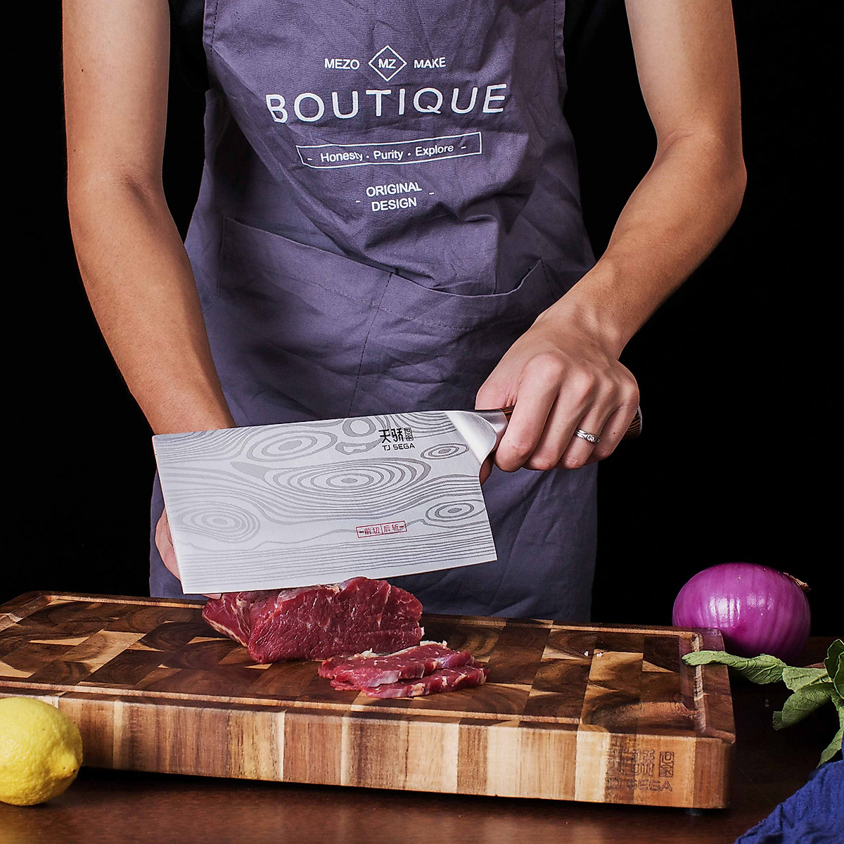 Professional Chinese Chef's Knife, Ultra Sharp Meat Cleaver 7.8 Inch, Damascus pattern Chopping Knife, 40Cr13 Steel Blade Thickness 3 mm, TJ SEGA Series TC19022