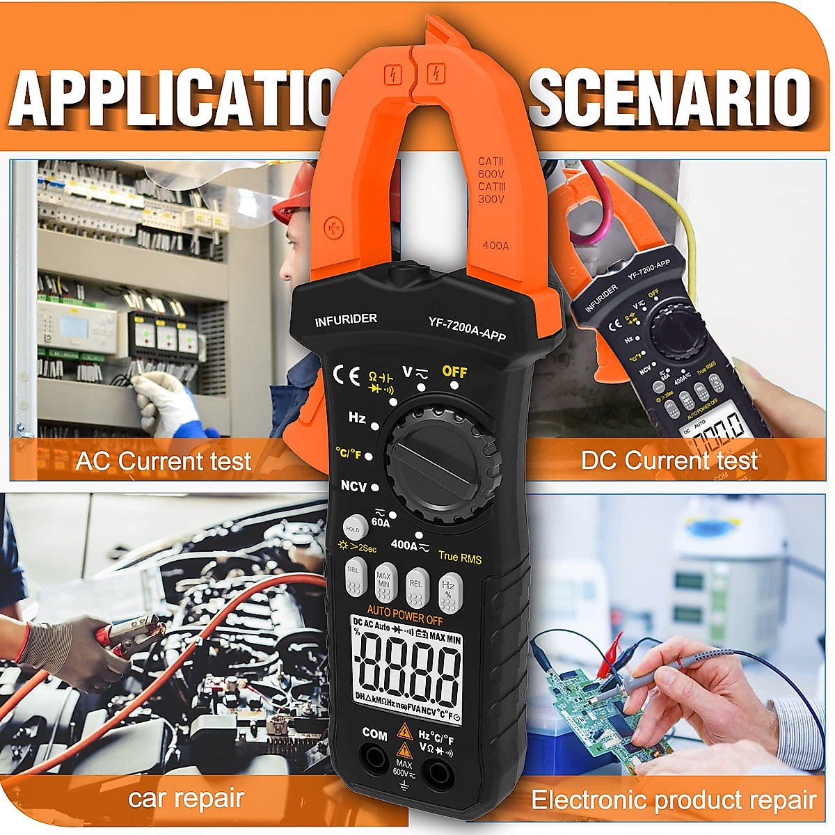Wireless Bluetooth Clamp Meter, INFURIDER YF-7200APP 6000 Counts Auto-Ranging Digital Voltmeter Ammeter Measures DC AC Volt Amp Ohm Clamp on Multimeter with Capacitance,Temp,Diode Tester