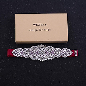 WEZTEZ Wedding Sash Pearl Belt with Satin Ribbon Handmade Crystal Bridal Belt Thin for Women formal Evening Dress Accessories (Silver-burgundy)