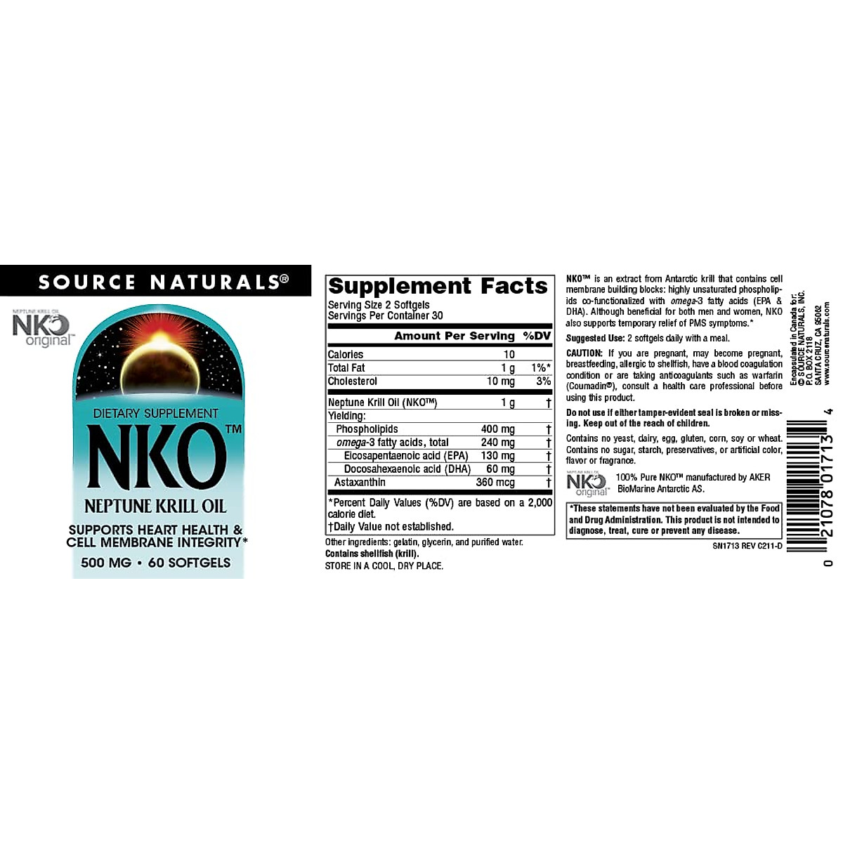Source Naturals NKO Neptune Krill Oil, Supports Heart Health & Cell Membrane Integrity* 500 Mg - 60 Softgels